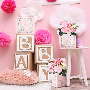 10 Pcs Baby Shower Flower Boxes Centerpieces Decorations Rustic Elephant Floral Baby Boxes with Letters Baby Shower Box Block for Tables Boy Girl Gender Reveal Birthday Party(Elephant Style)