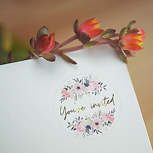 Mobiusea Creation Floral Party You're Invited Envelope Seal Stickers | 1.4 inch | Gold Foil | 54pcs Waterproof Invitation Stickers for Wedding, Bridal Shower, Birthday, Boho Girl Baby Shower