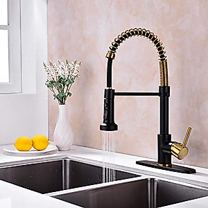 Pirooso Kitchen Sink Faucet, Solid Brass Kitchen Faucet with 3 Function Pull Down Sprayer, Black and Gold Kitchen Faucet