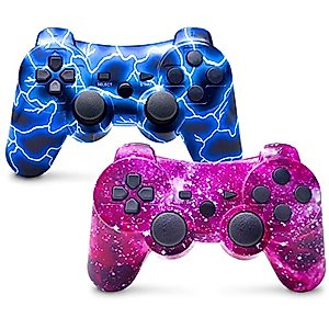 TUOZHE Wireless Controller for PS3, 2 Pack Controller for Play 3, 6-Axis with High-Performance Double Shock, Motion Control, USB Charging Cable(Blue Flash and Purple Sky)