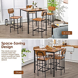 Giantex 5-Piece Dining Table Set W/Counter Height Table & 4 Bar Stools, Industrial Kitchen Dining Table Set W/Footrest & Backrest, Space-Saving Dinette Set for Pub, Dining Room, Restaurant