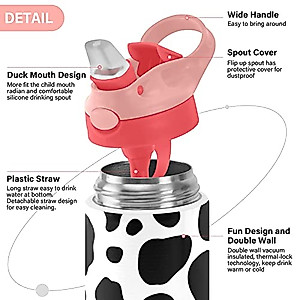 Black & White Cow Print Kids Water Bottle with Straw Lid, Vacuum Insulated Stainless Steel Double Walled Leakproof Tumbler Travel Cup for Girls Boys Toddlers, 12 oz