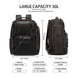 Taertii Mens Full Grain Genuine Leather 15.6 Laptop Backpack Large Capacity Weekender Overnight Camping Travel Rucksack 30L