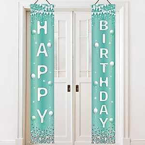Teal Sliver Happy Birthday Door Banner Turquoise Rhinestone Happy Birthday Decorations Light Blue Sweet 16 Happy 15th 30th 50th Birthday Poster Decorations for Women Girls Boys Birthday Party Supplies