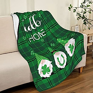LARIAU St. Patrick's Day Gnome Blanket Irish Festival Shamrocks Green Plaid Blanket Cute Lucky Leprechaun Decorations Blanket for Couch Bed Sofa 50x60 inches