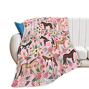 Horse Blanket Gift for Girls Women Cute Animal Horses Flowers Fleece Flannel Throw Blankets Soft Lightweight Plush Pink Blanket for Horse Lovers Decor Bed Sofa 50"x40"
