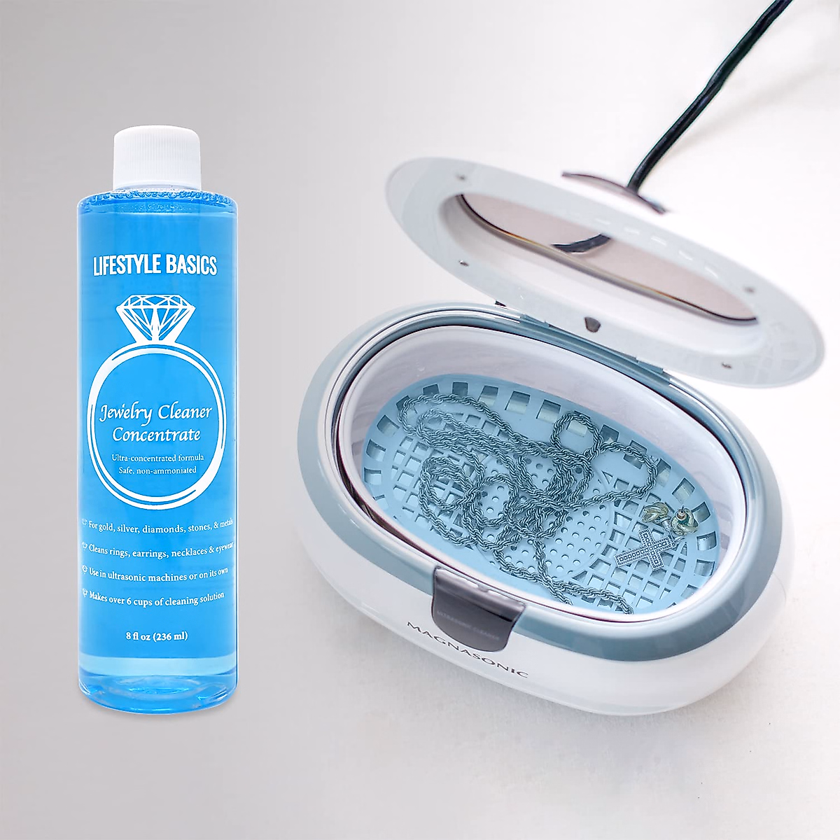 Lifestyle Basics Jewelry Cleaner Solution Liquid Concentrate 8 oz | Cleans Rings, Earrings, Necklaces, Eyewear | Safe for Diamonds, Gold, Silver, Gemstones, and Metals | 1 Bottle Makes 8 Cups