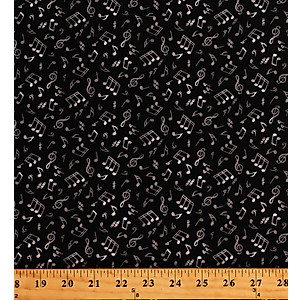 Cotton Music Notes Musical Symbols Bass Treble Clefs Sharps Flats Signs White on Black Jazz Cotton Fabric Print by The Yard (D514.18)