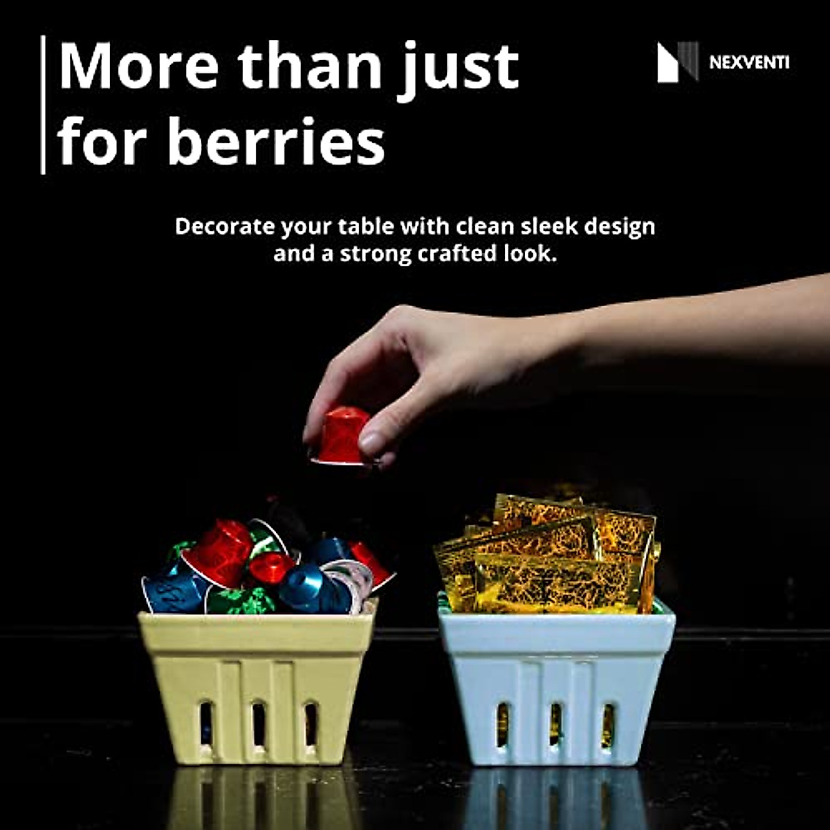 NEXVENTI Ceramic Berry Basket Bowl (Set of 4) | Strawberry Fruit Containers for Fridge | Square Fruit Bowl Farmers Market Harvest Basket | Berry Colander Glass Keeper Stoneware Kitchen Décor (Combi 2)