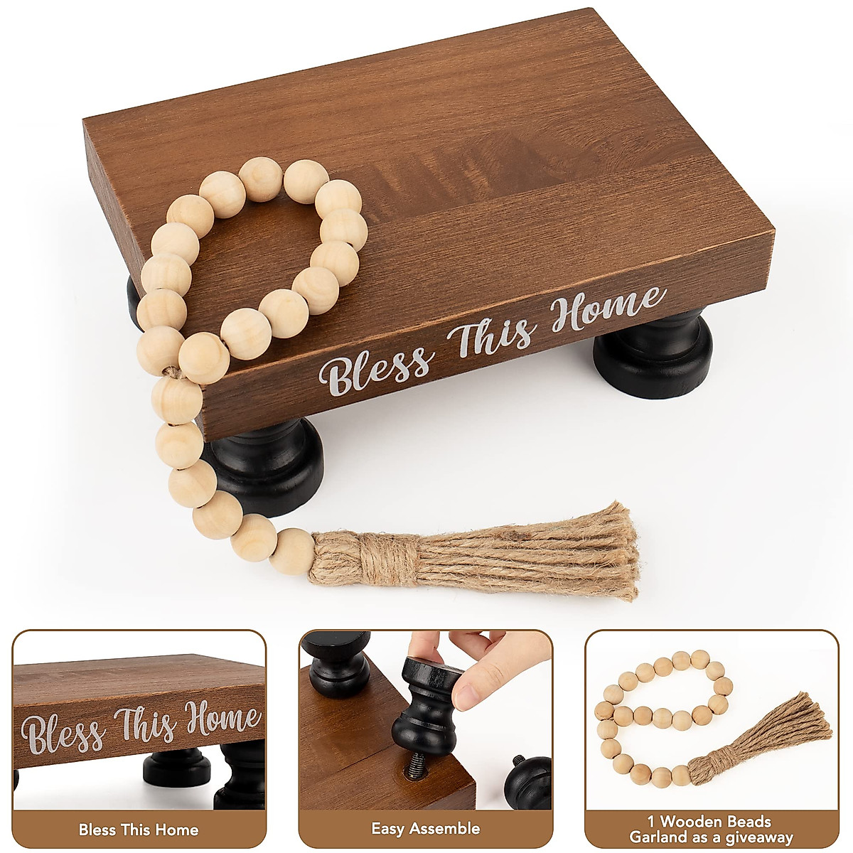 Homotte Wood Risers for Display, Wooden Square Pedestal Stand with Wooden Beads Garland, 8 Inch Small Cute Farmhouse Tray for Bathroom Decor Kitchen Sink Soap Plant Holder