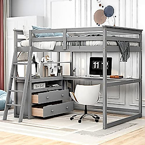 ODC Full Size Loft Bed with Desk and Shelves, Solid Wood Loft Bed Frame with 2 Storage Drawers for Teens,Boys, Girls, Adults, No Box Spring Needed