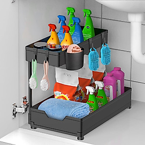 Verdenu Under Sink Organizer and Storage, 2-Tier Pull Out Organizer with Sliding Drawer, Cabinet Organizer with Extra 4 Hooks and 1 Hanging Cup for Under Kitchen Sink, Bathroom, Office