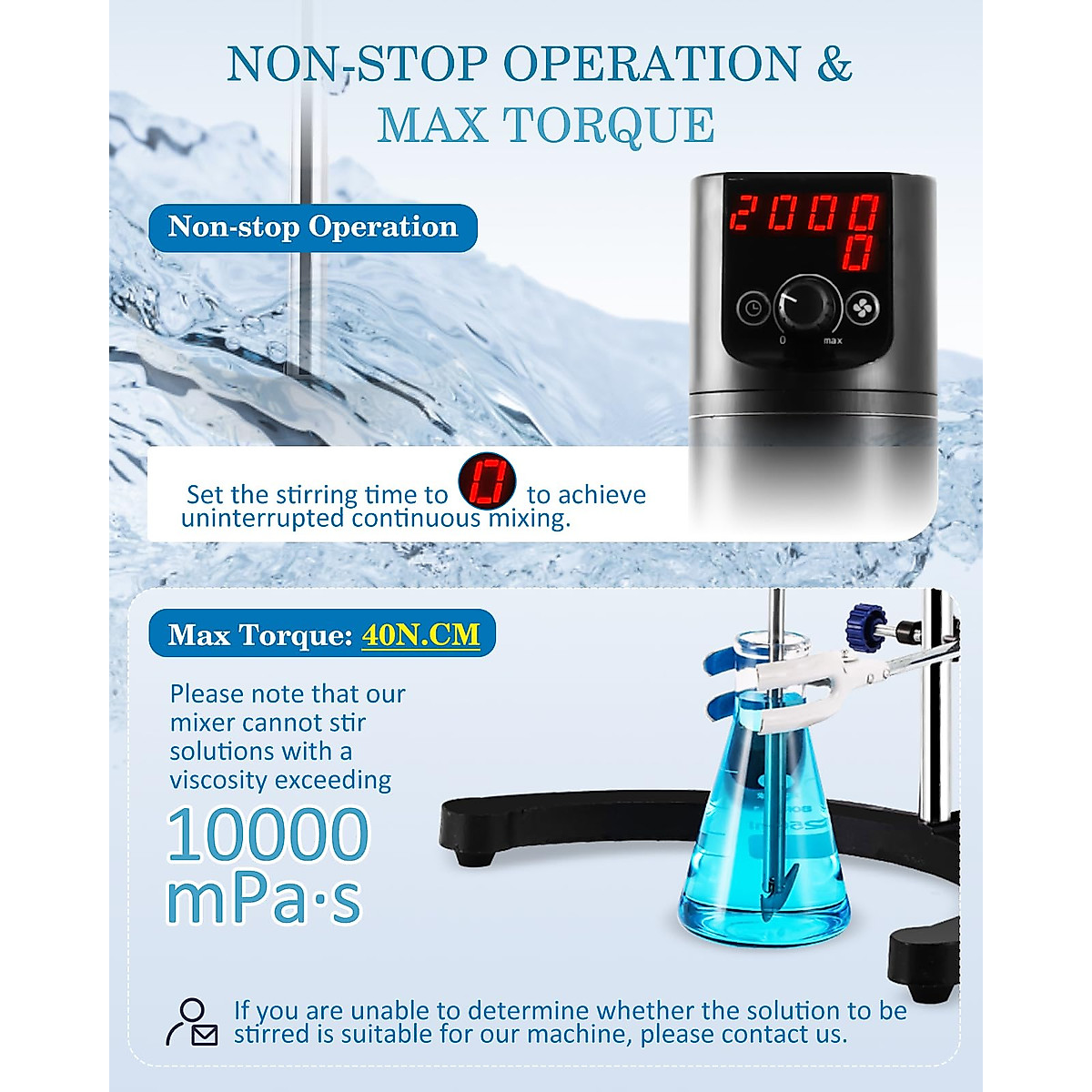 Crispaire Electric Overhead Stirrer Max.40L LCD Digital Lab Mixer 10000mPa.s Time and Speed Adjustable Stirring Rod Included 100-2000RPM 120W