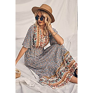 PRETTYGARDEN Women's Casual Summer Boho Floral Print Dress V Neck Short Sleeve High Waist Long Maxi Beach Dresses (White Floral,Medium)