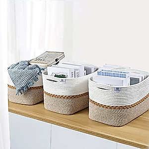 RITHLELA Woven Baskets 15"x10"x9" Cotton Rope Cube Storage Baskets Set of 3 Decorative Baskets Closet Cloth Storage Baskets and Bins for Shelves with Handles for Blanket, Laundry, Clothes - Light Tan