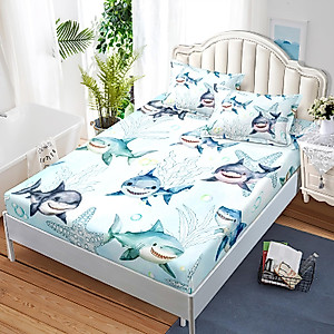 AILONEN Shark Fitted Sheet Set Twin Size, Ocean Shark Bed Sheet Set for Boys Kids,Blue Starfish Shark Fitted Sheet with 2 Pillowcases,3 Pieces Bed Sheet Set
