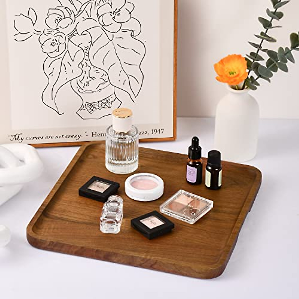 Insunen Walnut Serving Tray, Square Wood Coffee Table Tray for Food Eating, Wooden Ottoman Trays for Decor(11.8x11.8x0.7in)