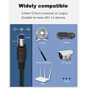 24V 1A DC Power Supply Adapter 24 Volt AC Adapter 100-240V 50-60Hz to DC 24V 1A Power Adapter Cord, 24V DC Power Supply 1A Adapter with 5.5mmx2.5mm DC Outlet Plug and 1 More Tip