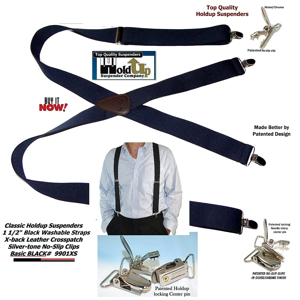 1 1/2" Wide Classic Series Holdups Suspenders for Men in X-back style w/USA Patented No-slip® Silver Clips (Black XS)