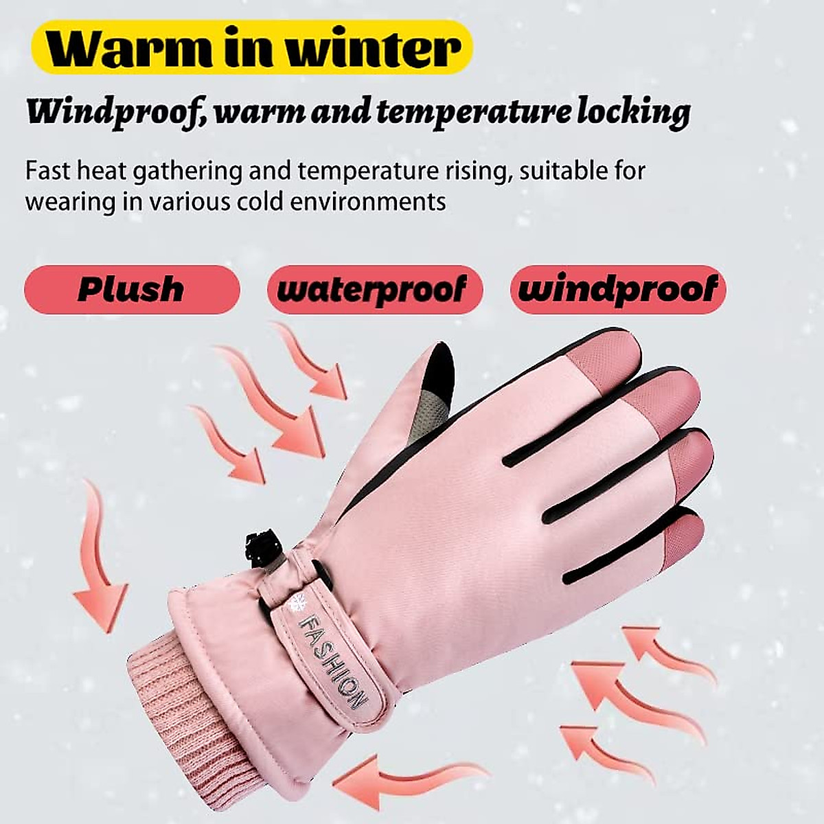 WAMENGJEA Women Winter Ski Gloves, Waterproof Touchscreen Snowboard Gloves, Windproof Warm Snow Gloves for Skiing Running and Cycling (Pink)