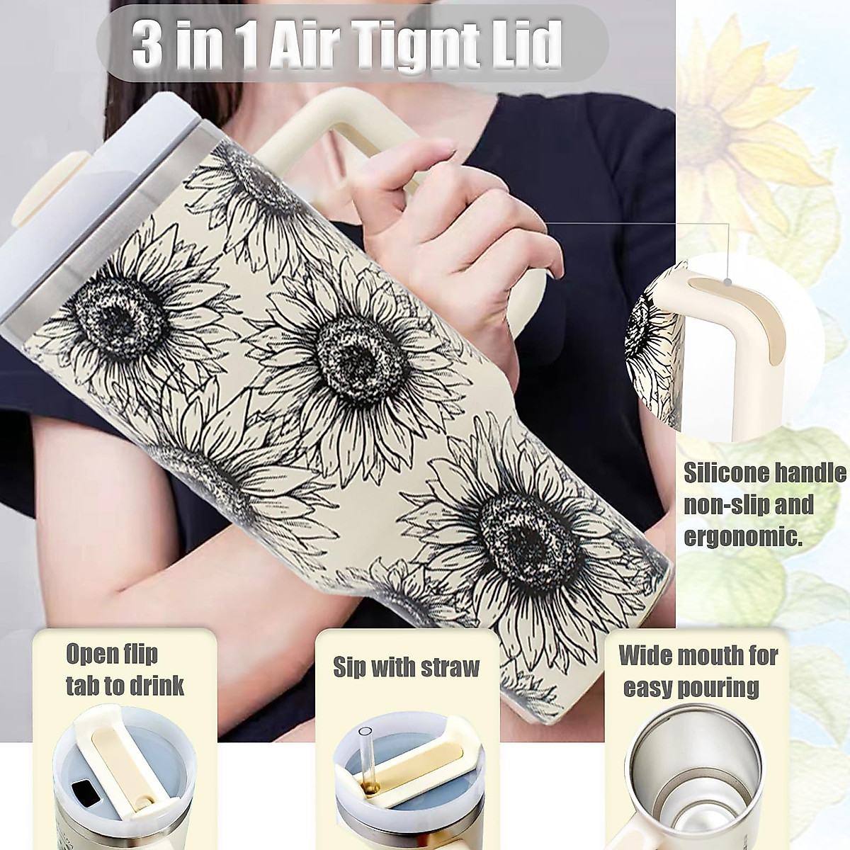 WEXINBF 40oz Tumbler With Handle And Straw Lid, Double Wall Vacuum Insulated Tumbler for Hot or Cold Drink, Stainless Steel Water Bottle Travel Mug, Large Iced Coffee Cup (Hot Pink Sunflower)