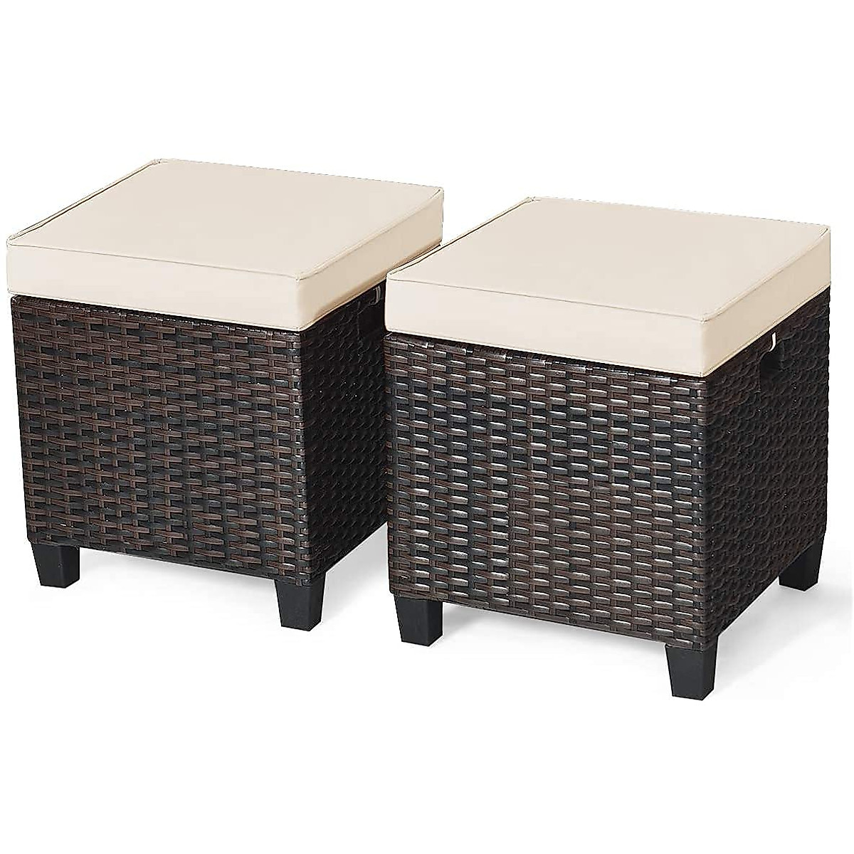 Giantex 2-Piece Rattan Patio Ottoman, All Weather Wicker Ottoman w/Removable Cushion & Steel Frame, Outdoor Footstool Footrest Furniture (Cream)