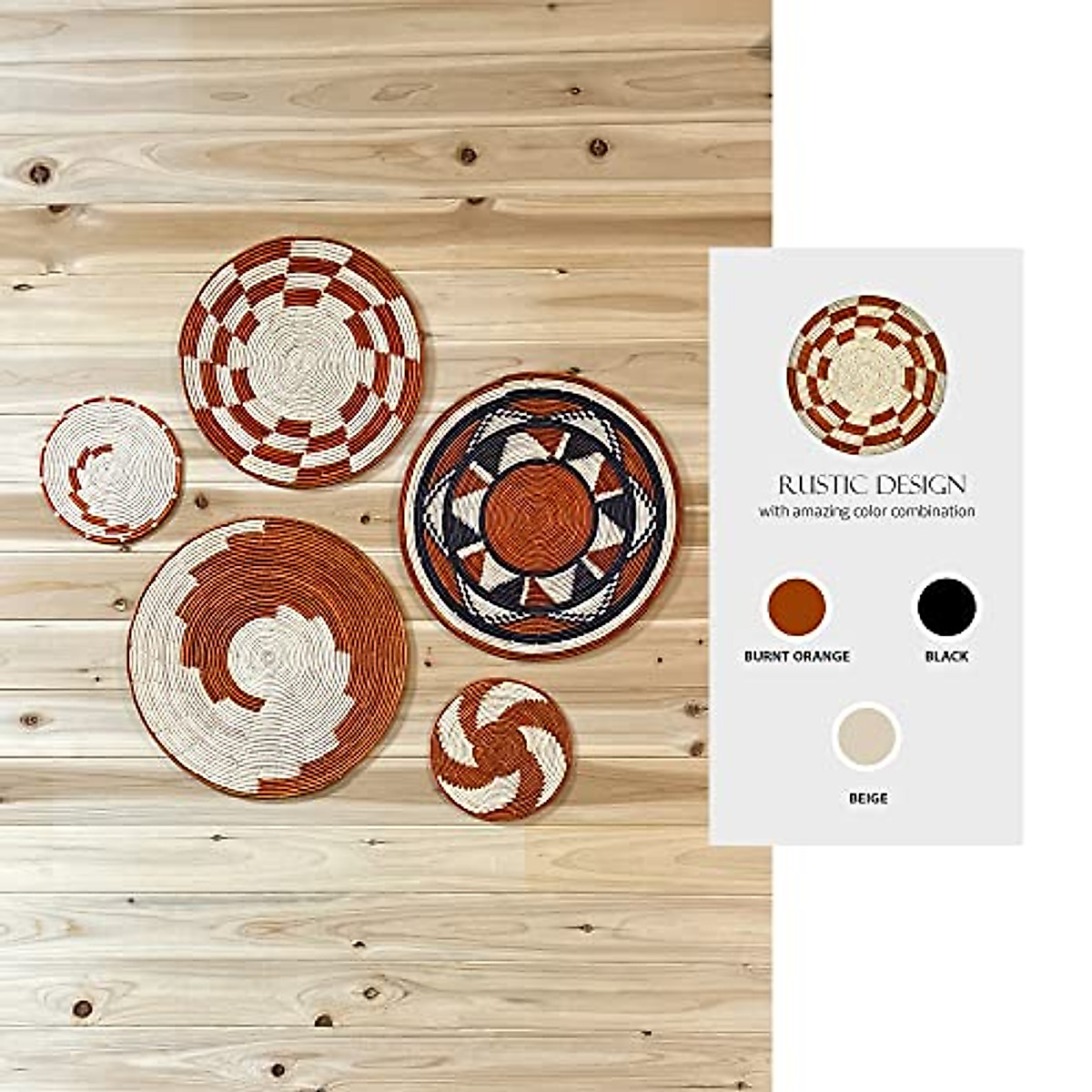 Artizenway Handmade Flat Wall Decor Basket Set of 5-Boho Wall Hanging Basket Crafted From Date Palm Leaves -Suitable For Bedroom, Living Room, Rest Room Or Dining Table