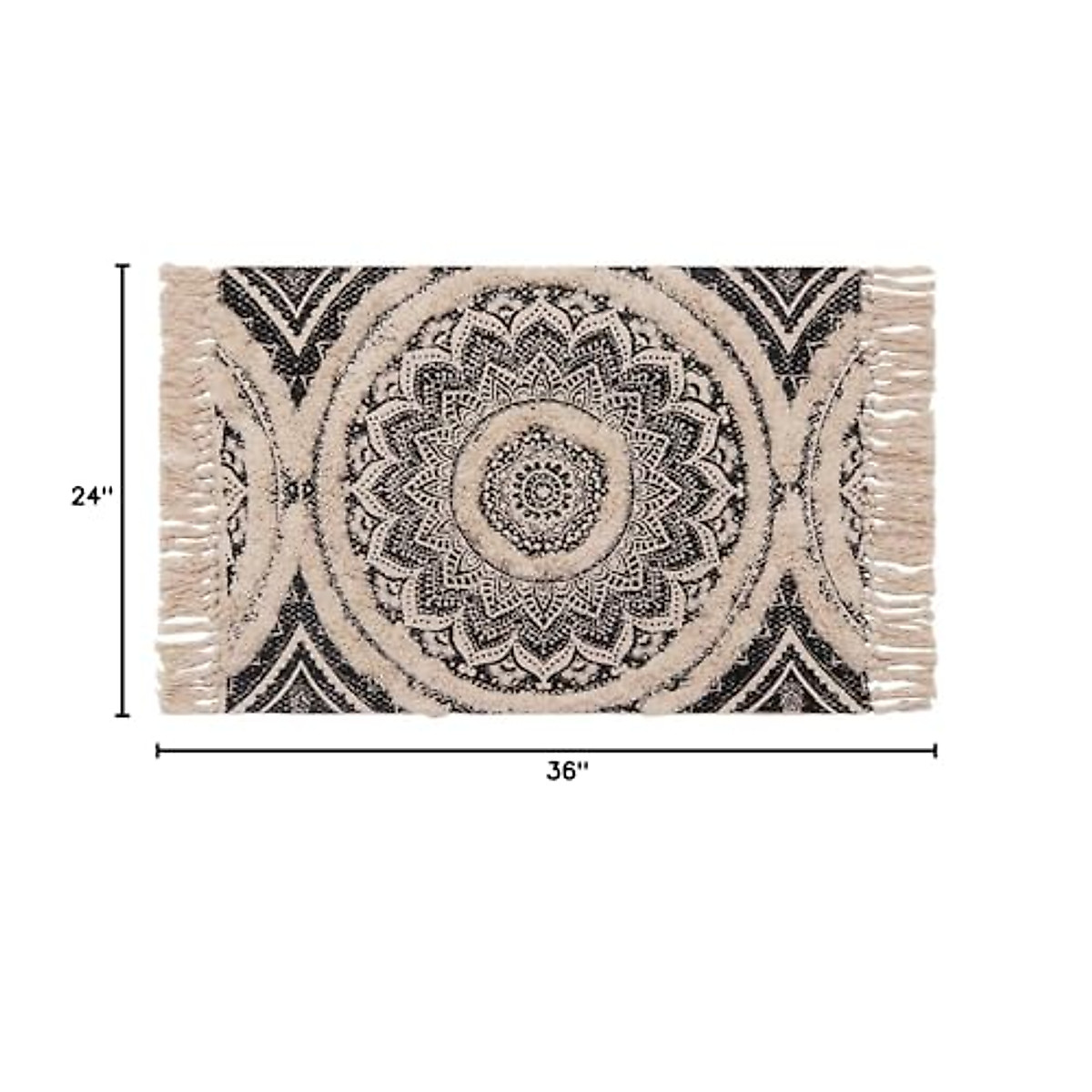Seavish Tufted Cotton Rug, 2X3 Black Mandala Boho Rug, Hand Woven Bohemian Throw Rugs, Shag Accent Fringe Tassel Rug for Bedroom Bedside Kitchen, Laundry Room Rug