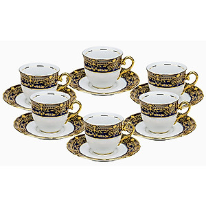 Euro Porcelain 12-pc. Tea Cup Coffee Set, Vintage Cobalt Blue Ornament, 24K Gold-plated Accents, Premium Bone China 6 Cups (8 oz) and Saucers, Original Czech Tableware