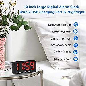 ZEITHALTER 10''Large Digital Alarm Clock Big Wall Clock for Bedroom, Jumbo Number Display, 3 Level Adjustable Digit Brightness Dimmer with Led Night Light, Battery Backup, 12/24 H