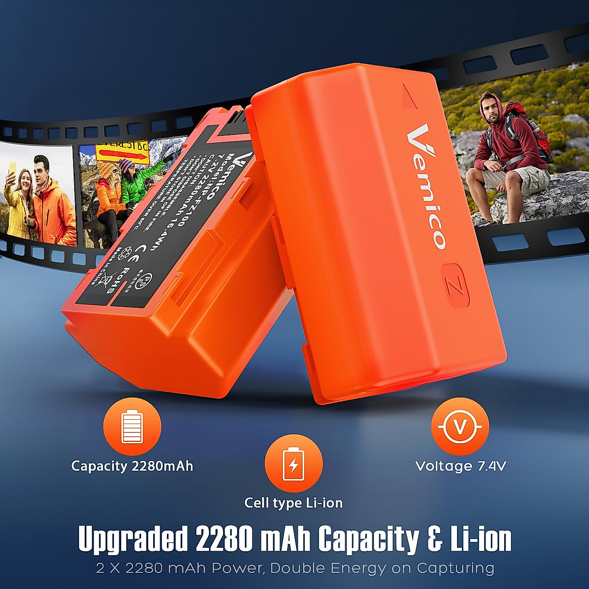 Vemico NP-FZ100 Battery Charger Set Z-Series 2 X 2280mAh Replacement Batteries with LCD Type-C Charger for Alpha A6600/A7III/A7R III/FX3/A1/A7 RIII/A7S III/A7C/A9/A9S/A9R/A7IV/A7R4 etc.