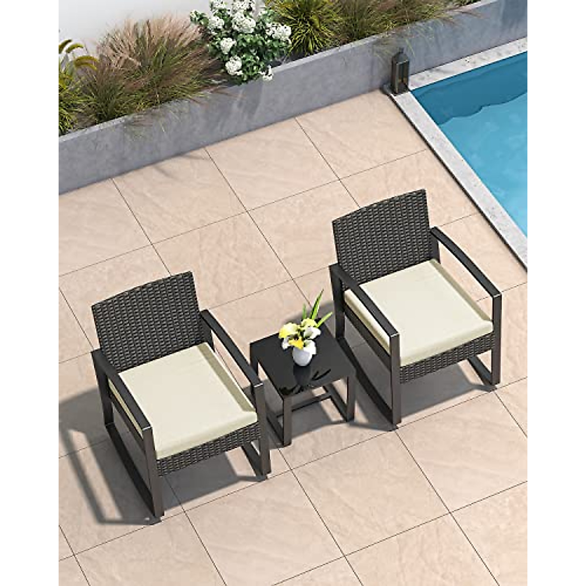 Aiho 3 Pieces Patio Furniture Set, Outdoor Wicker Bistro Rocking Chair Sets with Cushion, Porch Furniture Set with Glass Table, Modern Rattan Conversation Sets for Porches and Balcony, Beige Cushion