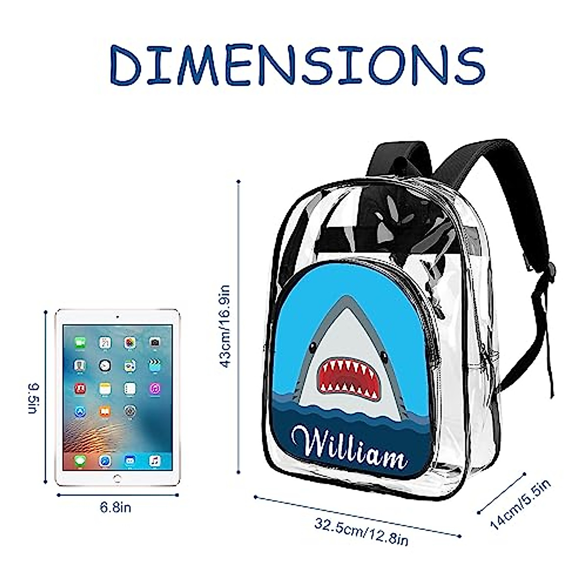 Ecautly Personalized Shark Clear Backpack for Boys, Custom Clear Backpack for School with Name, PVC See Through Transparent for Boys School Waterproof Backpack, Back to School Gifts for Boys Kids