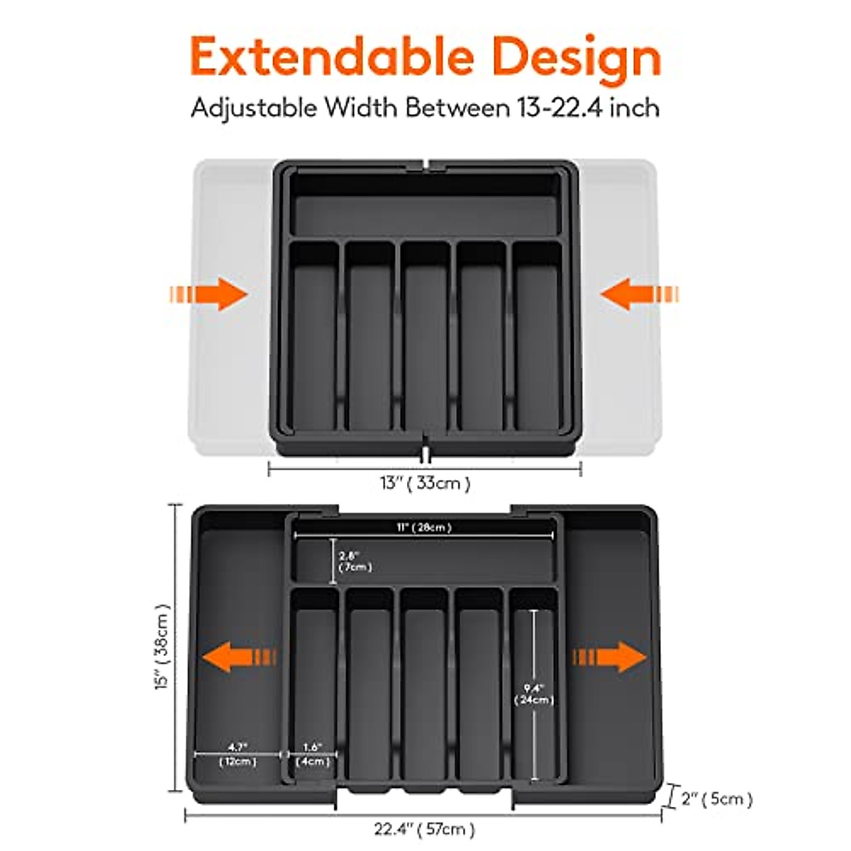 Lifewit Silverware Drawer Organizer, Expandable Utensil Tray for Kitchen, Adjustable Flatware and Cutlery Holder, Compact Plastic Storage for Spoons Forks Knives, Large, Black