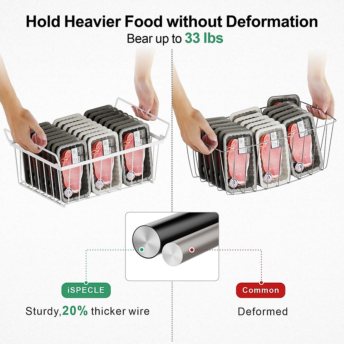 iSPECLE Chest Freezer Organizer - Fit 5 Cu.Ft Deep Freezer, 2 Pack Hanging Organizer Bins with Adjustable Handles, Sort Small Frozen Food, Sturdy Freezer Baskets Easy Slide to Get Bottom Food, White