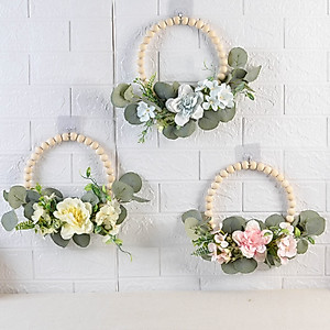 SLDHFE Artificial Peony Flower Wreath,12.9In Wood Beads and Eucalyptus Wreath,Eucalyptus Wooden Wreath for Front Door Indoor Outdoor Decor Boho Wall Decor