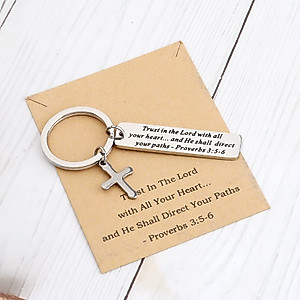 BEKECH Christian Proverbs 3:5-6 Trust in The Lord With All Your Heart Cross Charm Keychain Bible Verse Gift, Trust in the Lord With All Your Heart.. Brown Card, S