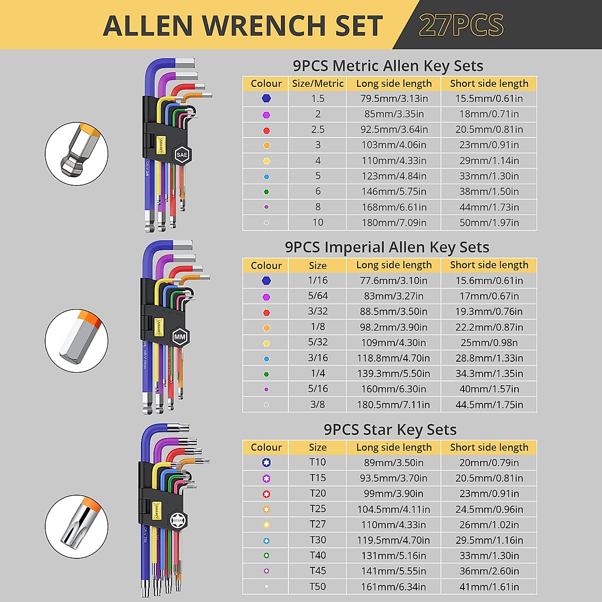 AMTOVL 27PCS Allen Key Set, Metric & SAE Allen Wrench Set, Extra Long Ball & Star End Hex Keys with T-Handle & Color Coding for Bicycle, Household DIY