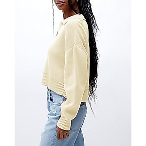 Danedvi Womens V Neck Crop Sweaters Fashion Stand Collar Knit Sweatshirts Long Sleeve Loose Casual Pullover Sweater Off-White