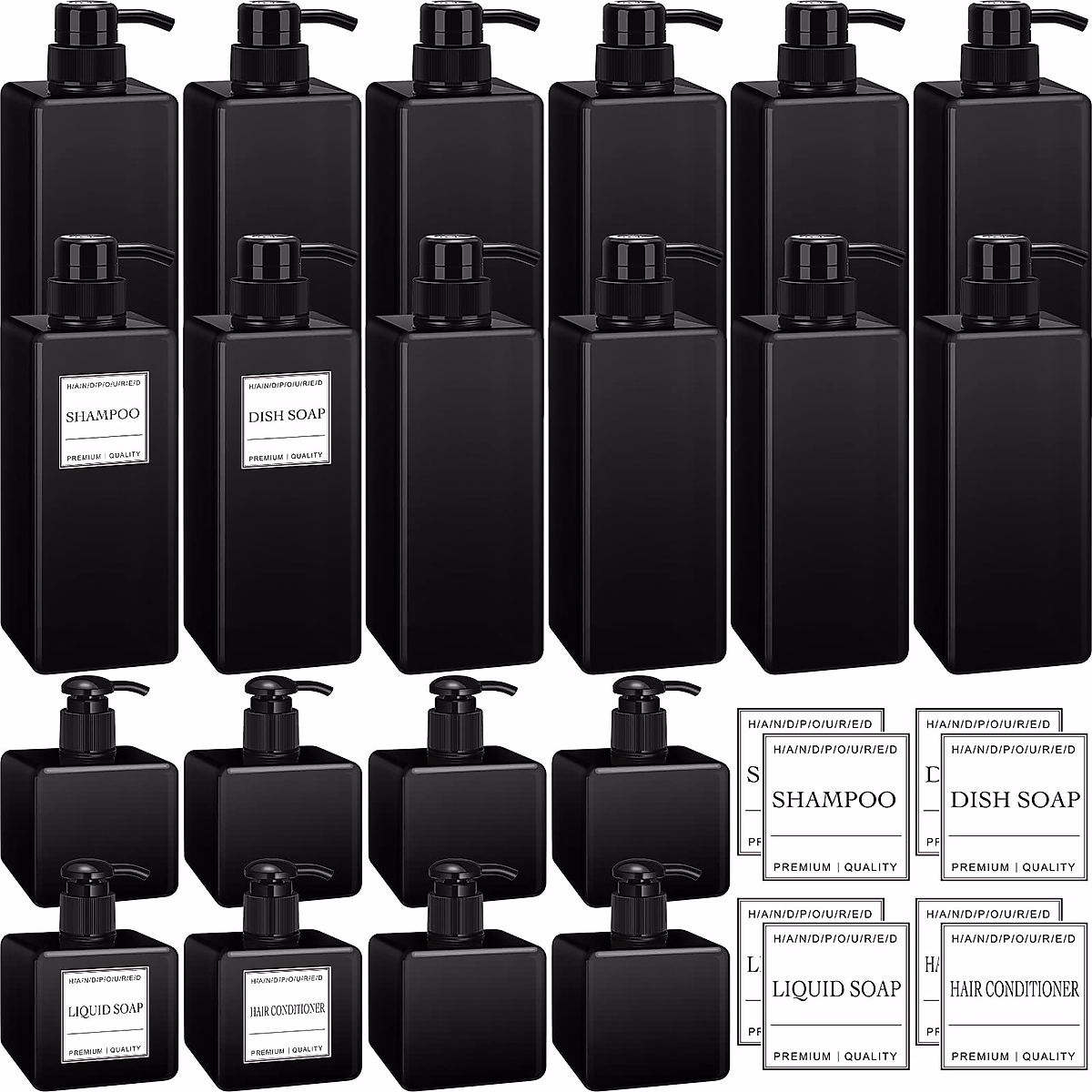 20 Pack 22oz 8oz Shower Refillable Dispenser with 20 Waterproof Labels for Bottles Shampoo and Conditioner Dispenser Square Pump Bottle Refillable Shampoo Bottles for Body Wash (Black)
