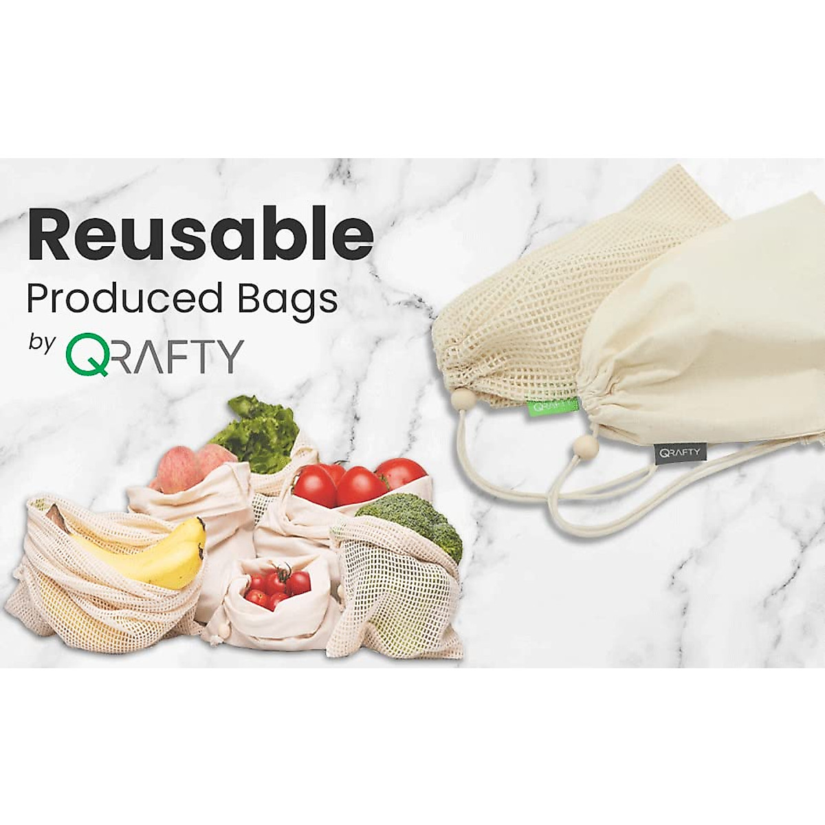 QRAFTY | Organic Cotton Produce Bags | Pack of 7 + 1 | Compact, Biodegradable, Food Safe Mesh & Muslin Bag Set | Reusable and Washable | Ultra Strong, Drawstring Bags for Grocery Shopping