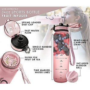 Live Infinitely 34 oz Gym Water Bottle with Time Marker - Fruit Infuser Screen BPA Free 1 Liter Water Bottle - Locking Flip Top Lid & Durable Travel Bottle Coating (Rose 34oz)