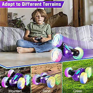 28℃ Remote Control Car for Boys, Drift High Speed RC Cars, 4WD 2.4Ghz Rechargeable RC Truck with Double Sided 360 Flips and Headlights Wheel Lights, Off-Road Stunt Toy Car for Kids Boy Girls (Purple)