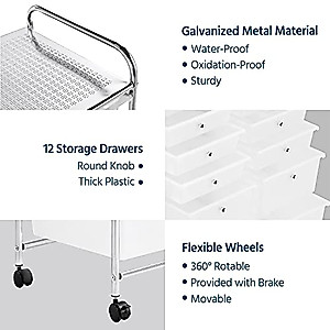 Yaheetech 12 Drawers Rolling Storage Cart Multipurpose Movable Organizer Cart Storage Bin Trolley Tools Scrapbook Paper Organizer on Wheels, White