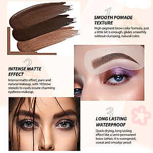 Eyebrow Stamp Stencil Kit - for Waterproof Eyebrows Makeup, Eyebrow Stamp Kit with Sponge Applicator, 10 Eyebrow Stencils, Dual-ended Brow Brush, Waterproof Eyebrow Pomade (Ebony)