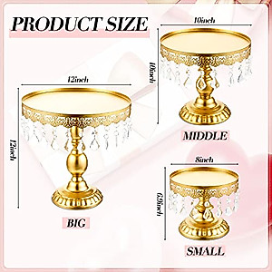 3 Pcs Rose Gold Cake Stand Set Round Cake Stand with Crystal Bling Pendants Dessert Table Display Set for Wedding Event Birthday Party Dessert Table (Gold)
