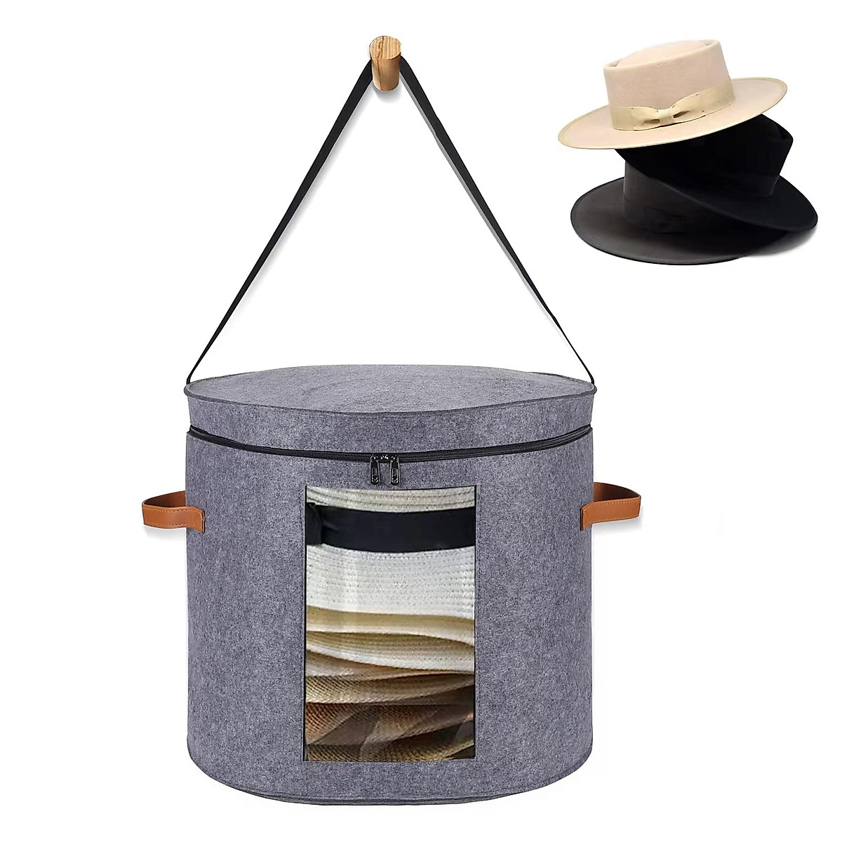 Munskine Huge Hat Boxes For Women Storage Foldable Hat Storage Boxes with Shoulder Strap & 2 Handles - Hat Boxes With Lids - Hat Box With Dustproof Lid Storage Boxes - Light Grey