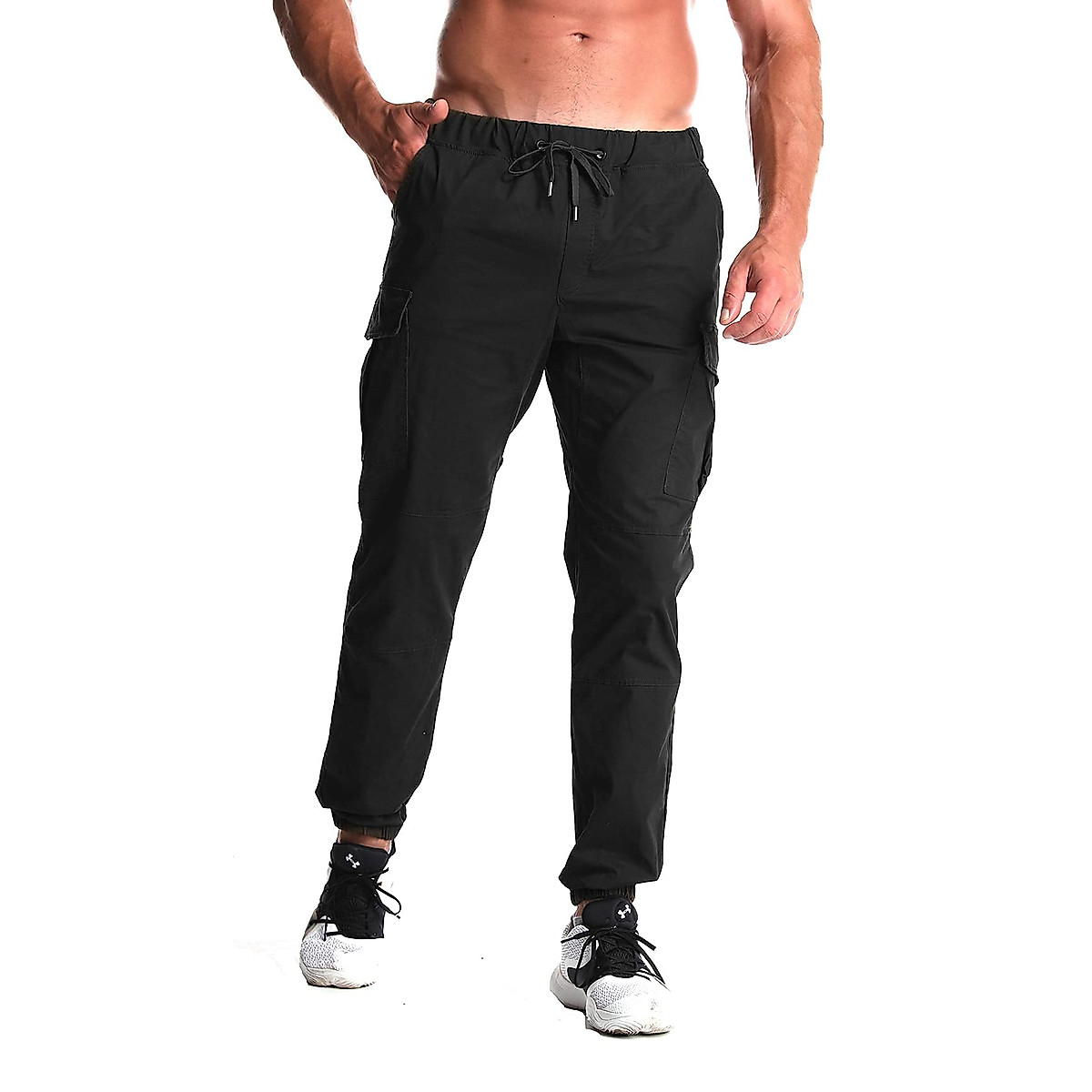 Kroivil Men's Casual Pants Drawstring Sweat Jogging Cargo with Pockets Joggers Long Sports Active for Men Gym Training Pants Black