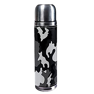 sdfsdfsd 17 oz Vacuum Insulated Stainless Steel Water Bottle Sports Coffee Travel Mug Flask Genuine Leather Wrapped BPA Free, Black and Grey Camouflage Pattern