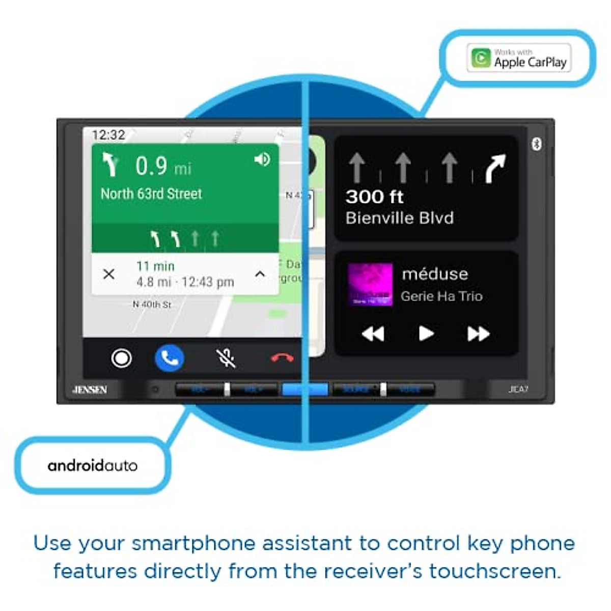 JENSEN J1CA7 7-inch Touch Screen Double DIN Car Stereo Media Receiver | Apple CarPlay Android Auto | Bluetooth Hands Free Calling & Music Streaming | Backup Camera Input | USB Playback & Charging
